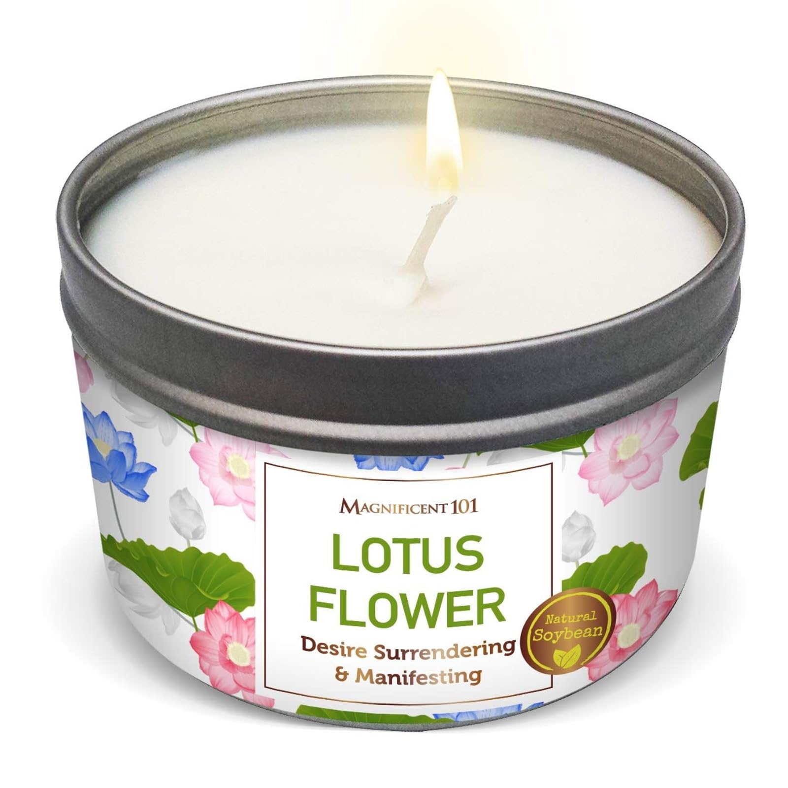 Magnificent 101 Long Lasting Lotus Flower Aromatherapy Candle | 6 Oz - 35 Hour Burn Time | Paraffin Free, All Natural Soy Wax Candle for Desire Surrendering, Manifestation & Purification