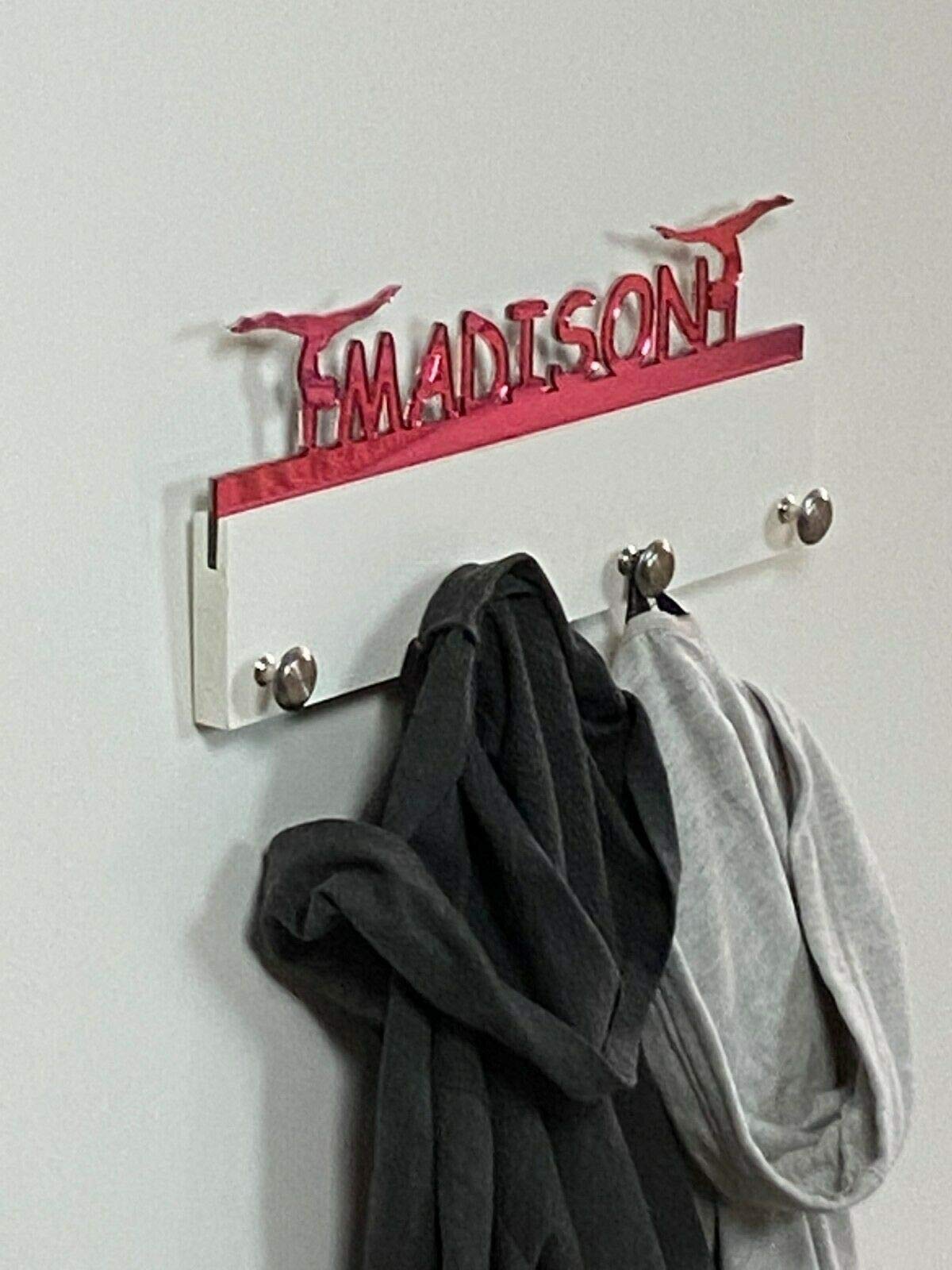 MIRROR MANIA Personalized Coat Hanger Gymnastics Gymnasts Rack Bag Hat Towel Backpack Sweatshirt Jacket Hook Organizer Wall Door Decor, One of A Kind, Custom Made to Order, with Your Name On It!