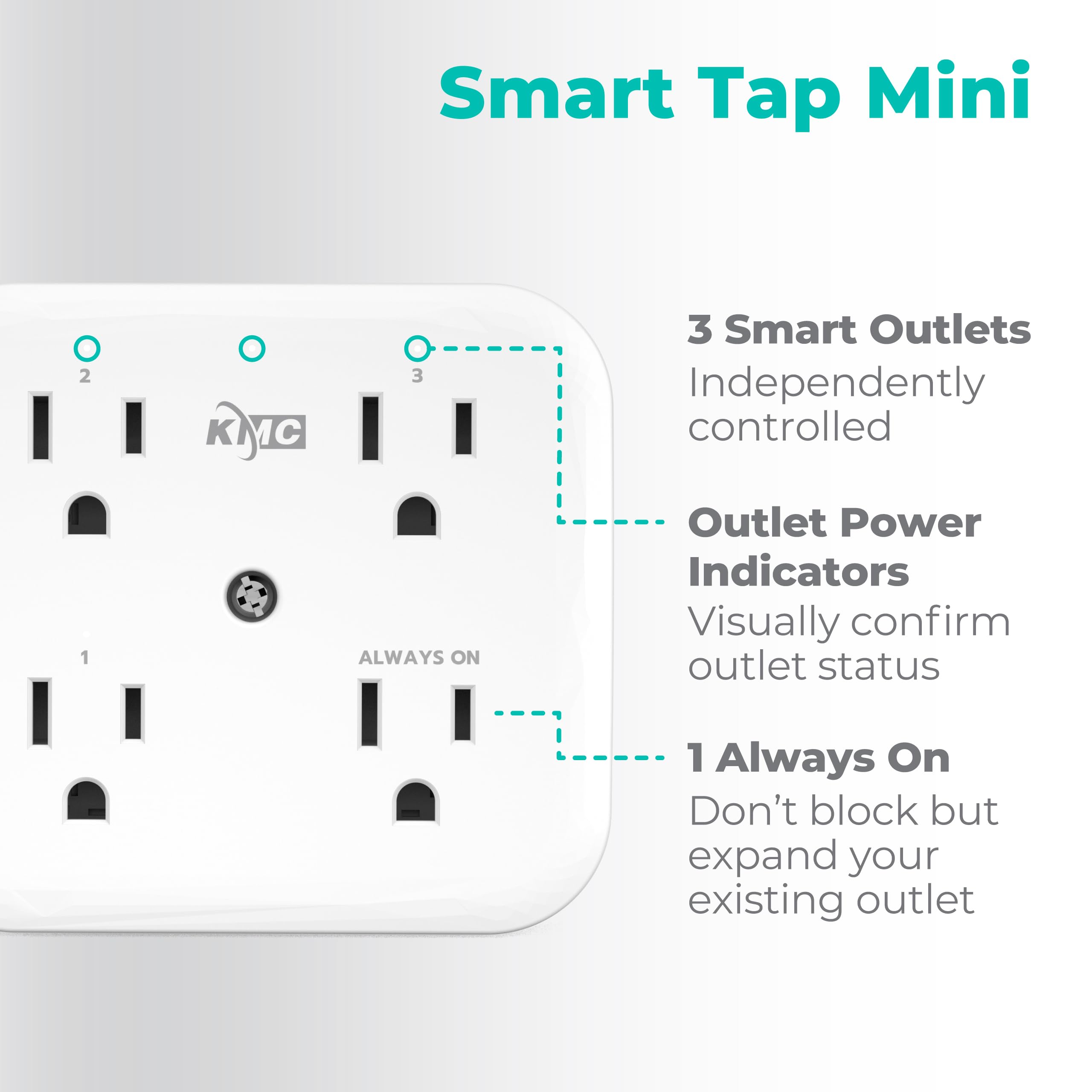 KMC Smart Tap Mini, 4-Outlet Wall Mounted Multiple Smart Plug Adapter, 3 Independently Controlled Wi-Fi Smart Outlets & 1 Always-On Outlet, No Hub Required, Alexa & Google Home Compatible