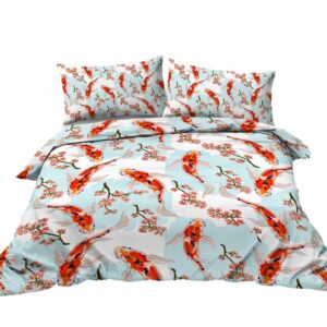 blessliving koi fish duvet cover set tropical japanese garden floral oriental style decorative 3 piece bedding sets with 2 pillow shams, full size