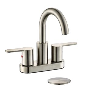 timearrow 2 handle centerset bathroom sink faucet brushed nickel with drain assembly, high arc modern 4 inch bathroom vanity lavatory faucet 3 holes with brass 360° swivel spout, taf067e-bn