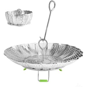 steamer basket stainless steel vegetable basket metal handle folding silicone feet steamer insert for cooking veggies fish seafood include safety tool,fit various pot pressure cooker (5.5" to 9")