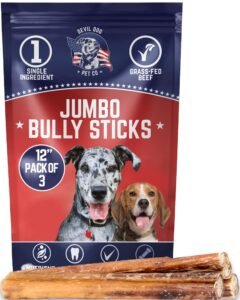 devil dog pet co. jumbo bully sticks – 12 inch 3 pack chew treats, 100% all natural, free-range grass-fed beef – long lasting & rawhide free bully stick dog chews – bully sticks for dogs