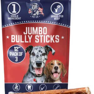 Devil Dog Pet Co. Jumbo Bully Sticks – 12 Inch 3 Pack Chew Treats, 100% All Natural, Free-Range Grass-Fed Beef – Long Lasting & Rawhide Free Bully Stick Dog Chews – Bully Sticks for Dogs