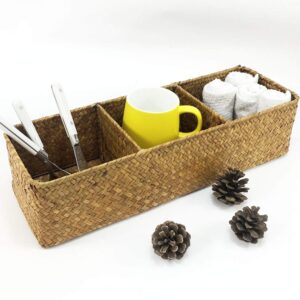 3-Section Larger Toilet Tank Topper Paper Basket,Hand-woven Seagrass Storage Rectangular Basket and Home Organizer Bins,Natural Water Hyacinth Basket (brown middle)