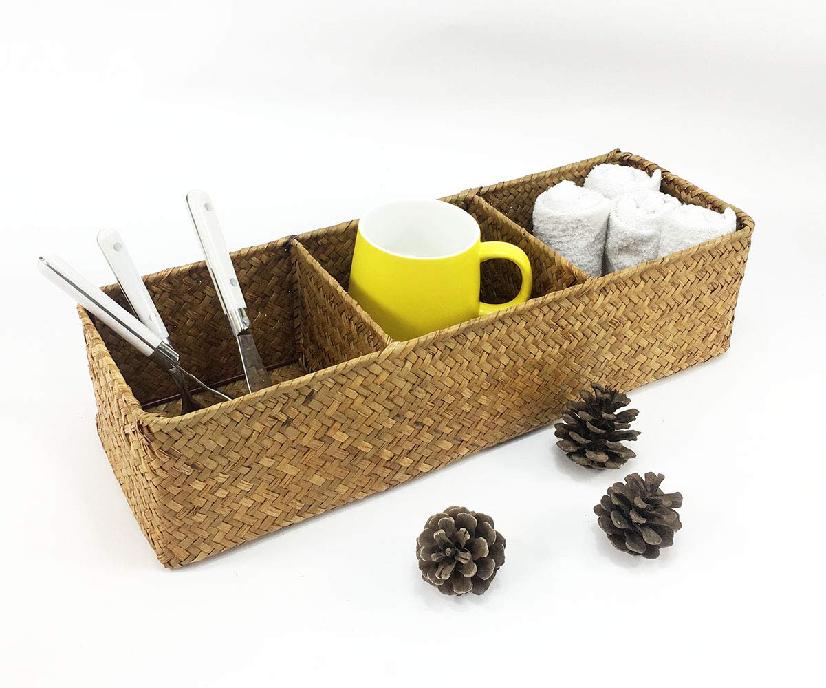 3-Section Larger Toilet Tank Topper Paper Basket,Hand-woven Seagrass Storage Rectangular Basket and Home Organizer Bins,Natural Water Hyacinth Basket (brown middle)