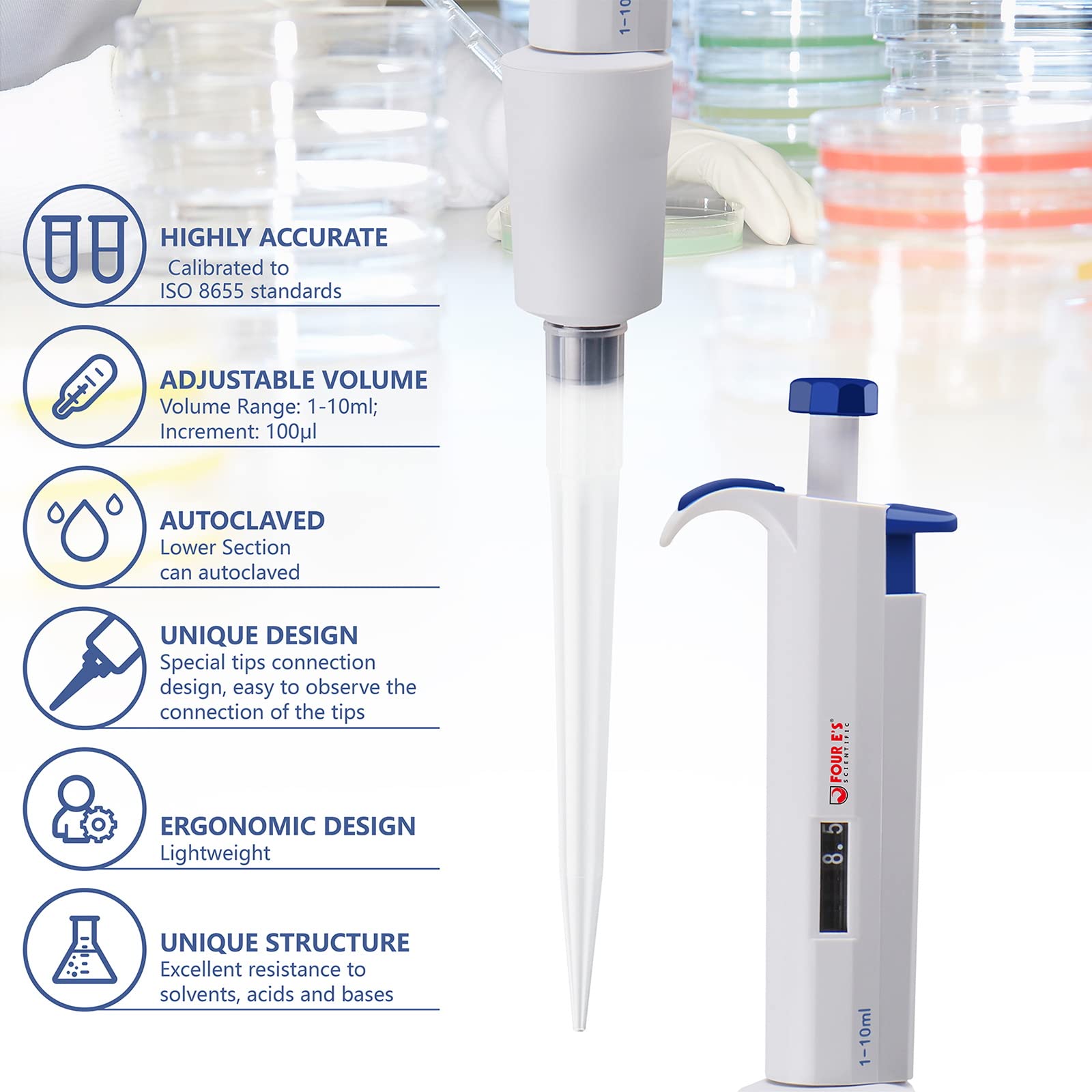 10mL Micropipette, 1-10mL Lab Single Channel Micro Pipettes, Adjustable Variable Volume for Liquid Laboratory Scientific School Home