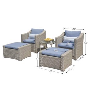 COSIEST 5-Piece Outdoor Furniture Lounge Set Warm Gray Wicker Sectional Sofa w Thick Cushions, Glass-Top Table, 2 Ottomans, 2 Pillows for Garden, Pool, Backyard (Blue)