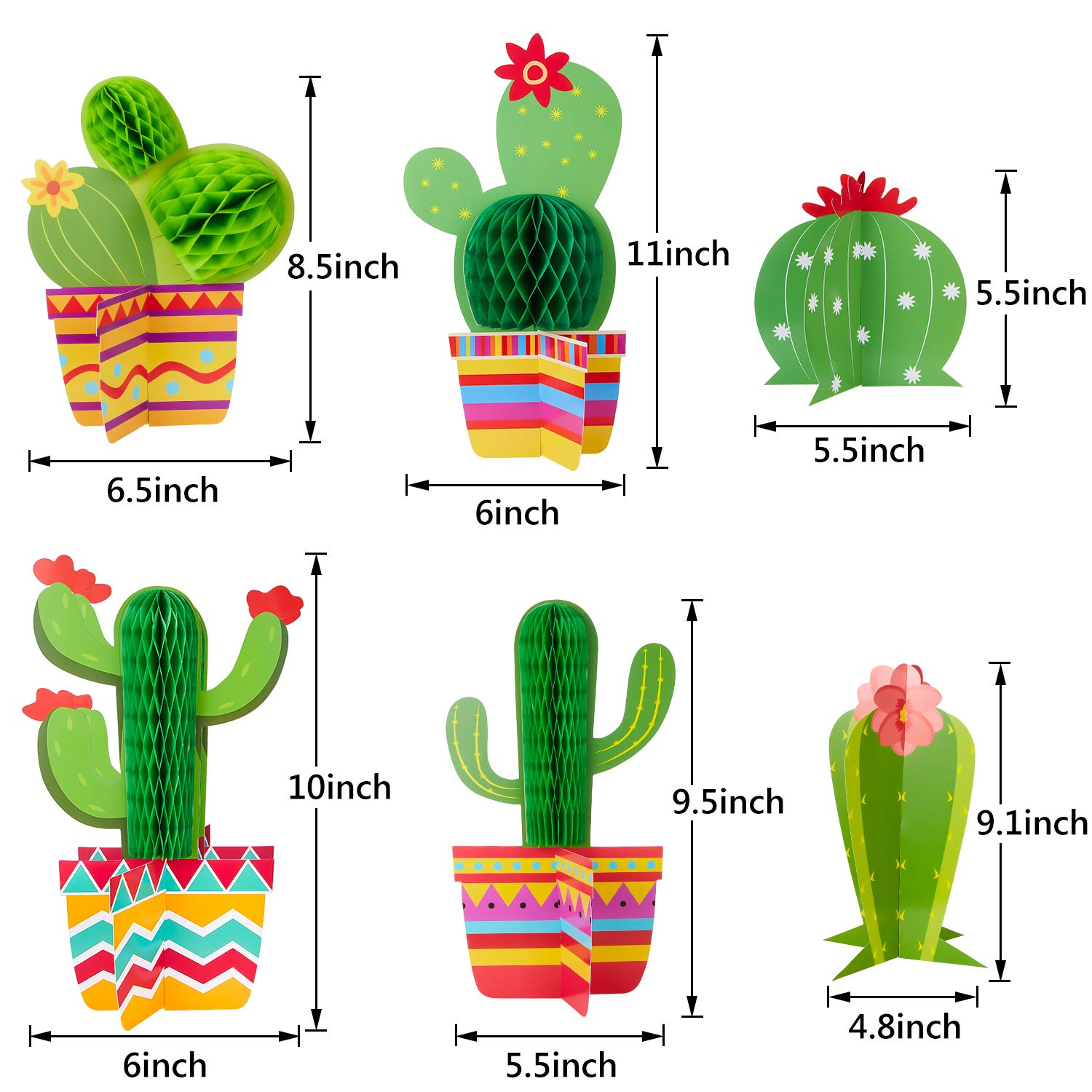 6 Pieces Cactus Party Decorations Kit Includes 4 Pieces Cactus Honeycomb Table Centerpieces and 2 Pieces Cactus Paper Cutouts for Fiesta Cinco De Mayo Mexican Theme Party Birthday Baby Shower