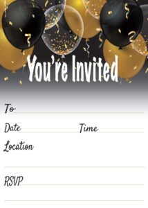 qualityvibe black & gold balloons invitations set of 25 with envelopes. invites for anniversaries, birthdays, sweet 16, bridal showers, baby showers, milestones birthdays and more.