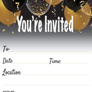 QualityVibe Black & Gold balloons Invitations Set of 25 with envelopes. Invites for Anniversaries, birthdays, sweet 16, bridal showers, baby showers, milestones birthdays and more.