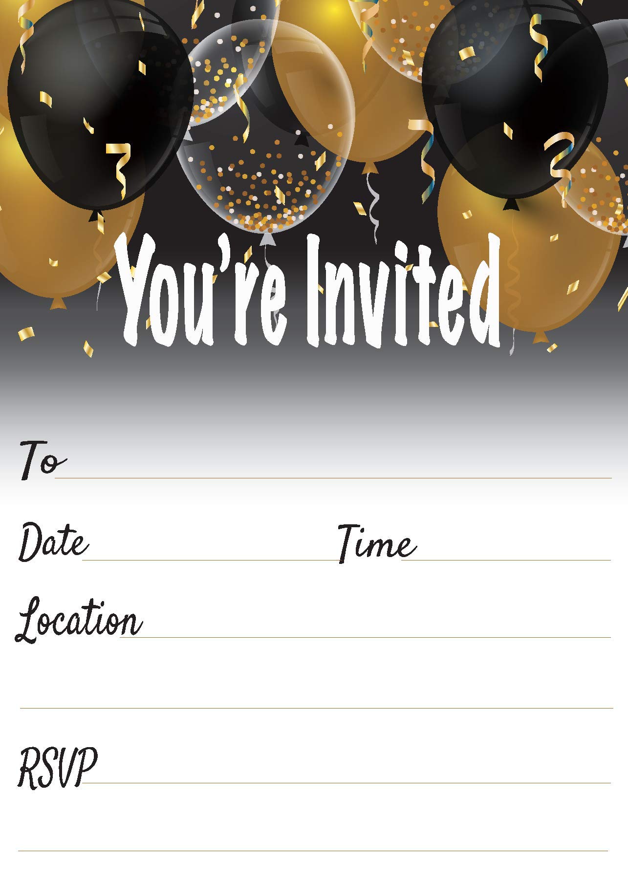 QualityVibe Black & Gold balloons Invitations Set of 25 with envelopes. Invites for Anniversaries, birthdays, sweet 16, bridal showers, baby showers, milestones birthdays and more.