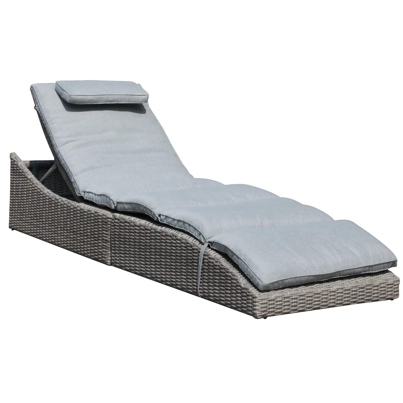 Soleil Jardin Folding Outdoor Adjustable Chaise Lounge Chair with Removable Cushion, Fully Assembled, Patio PE Rattan Reclining Lounger for Pool Beach, Gray