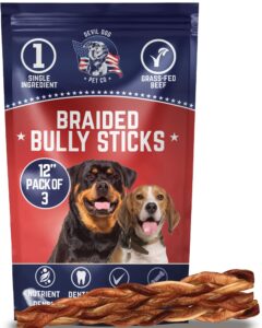 devil dog pet co. braided bully sticks for dogs – 12 inch 3 pack chew treats, 100% all natural, long lasting & rawhide free dog chews – premium braided bully sticks for large dogs, medium & small dogs