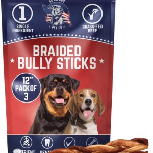 Devil Dog Pet Co. Braided Bully Sticks for Dogs – 12 Inch 3 Pack Chew Treats, 100% All Natural, Long Lasting & Rawhide Free Dog Chews – Premium Braided Bully Sticks for Large Dogs, Medium & Small Dogs