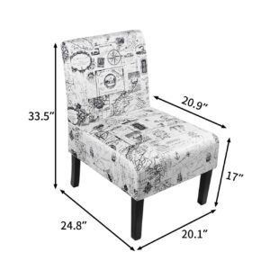 STHOUYN Modern Fabric Print Armless Accent Chair Decorative Corner Side Slipper Vanity Chair for Bedroom Desk, Living Room Furniture Map Design White