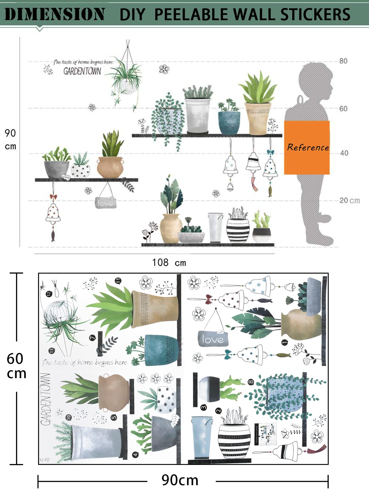 Green Pot Plants Leaves Wall Decals Wall Stickers for Bedroom Leaf Wall Mural as Wall Decor for Living Room | 90cm x 180cm Removable Stickers for Home Walls Decoration as Housewarming Birthday Gift