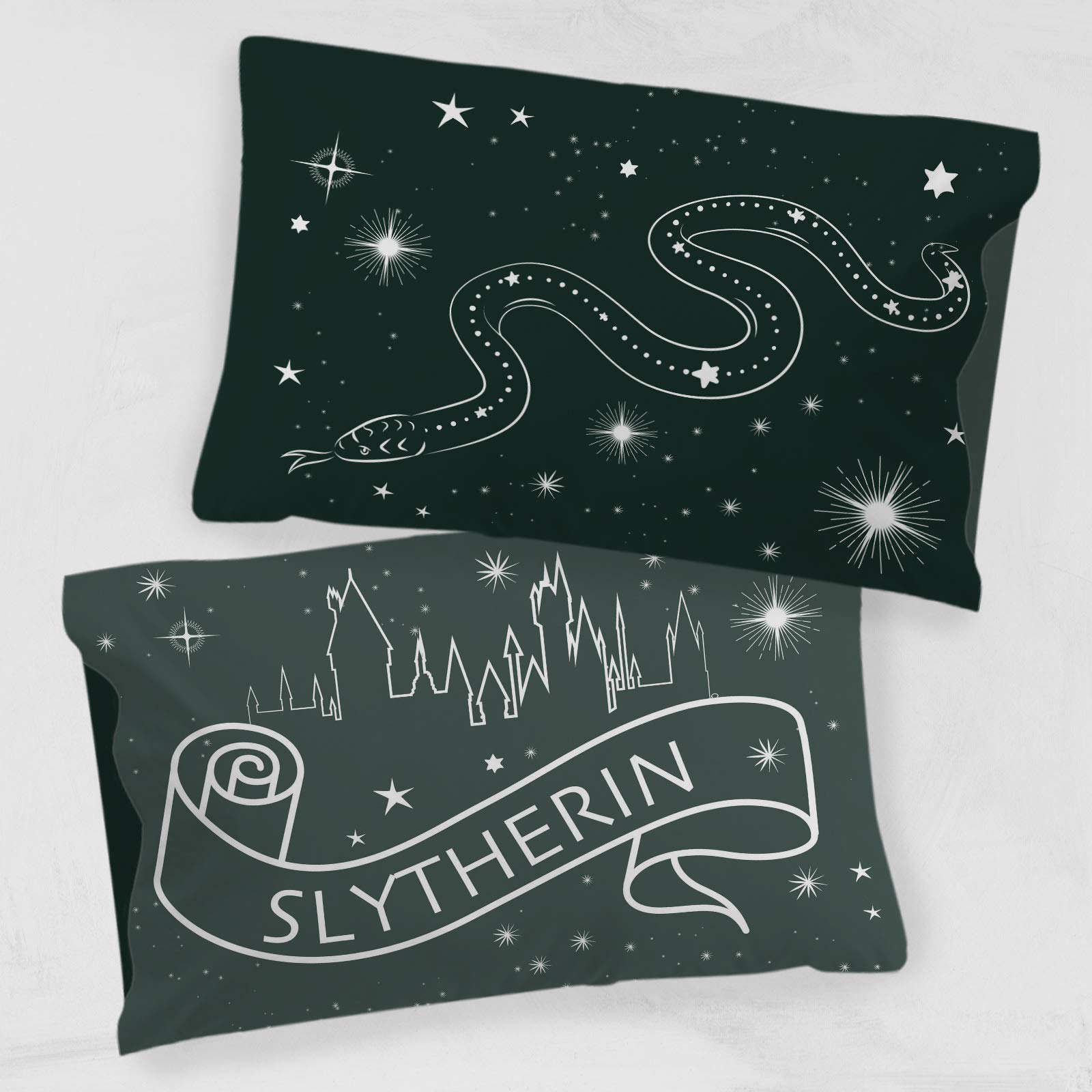 Jay Franco Harry Potter Serpent Stars 1 Pack Pillowcase - Double-Sided Kids Super Soft Bedding - Features Hogwarts House Slytherin