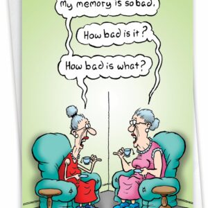 NobleWorks - 1 Funny Birthday Card for Women, Wife - Happy Bday Cartoon, Woman Notecard with Envelope - Bad Memory C3680BDG