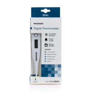 mckesson digital thermometer kit, oral - 30-sec reading, recall memory, fever alarm - includes handheld thermometer, battery, probe sheaths, case, manual, 1 count