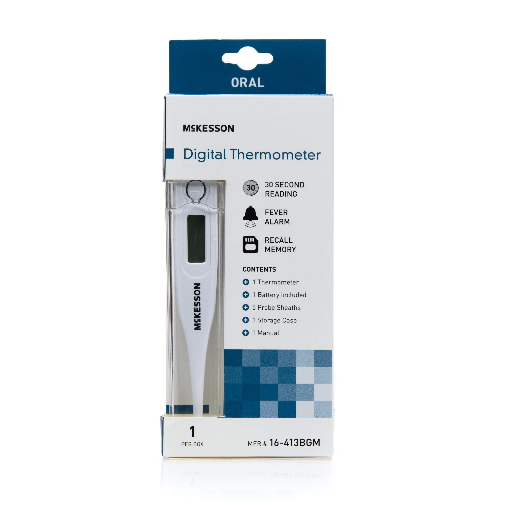 McKesson Digital Thermometer Kit, Oral - 30-Sec Reading, Recall Memory, Fever Alarm - Includes Handheld Thermometer, Battery, Probe Sheaths, Case, Manual, 1 Count