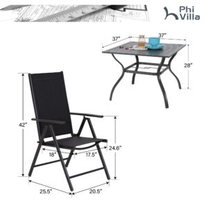 PHI VILLA 5 Pcs Patio Dining Set with Patio Table and Chairs, Outdoor Dining Set for 4 with Adjustable Patio Folding Chairs & Square Patio Dining Table with 1.57" Umbrella Hole, Black