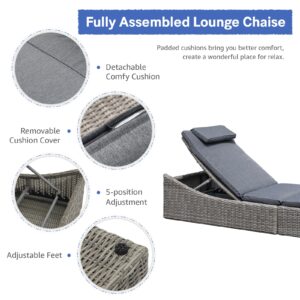 Soleil Jardin Folding Outdoor Adjustable Chaise Lounge Chair with Removable Cushion, Fully Assembled, Patio PE Rattan Reclining Lounger for Pool Beach, Gray