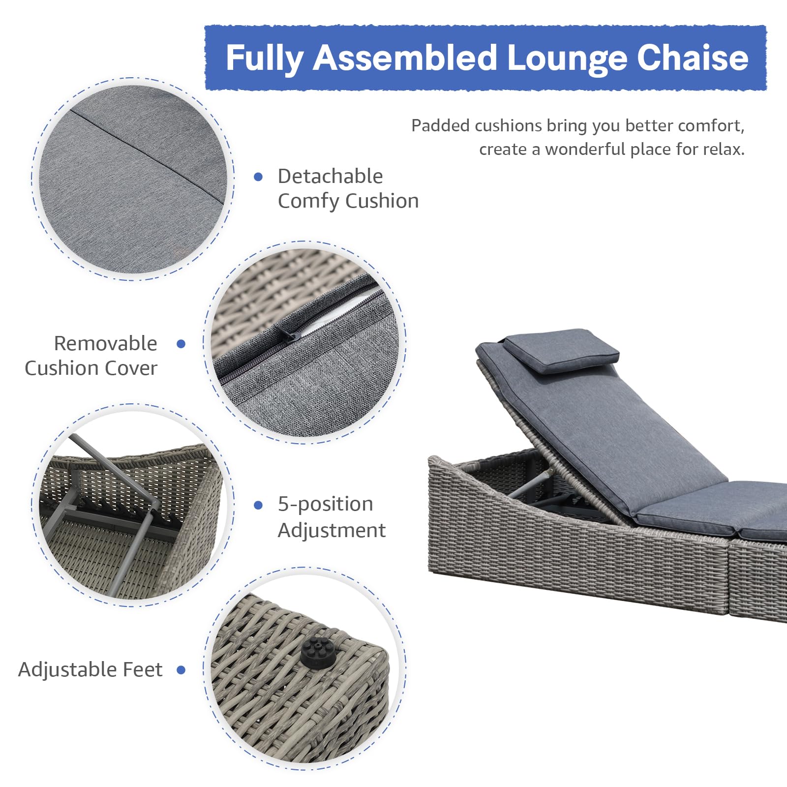 Soleil Jardin Folding Outdoor Adjustable Chaise Lounge Chair with Removable Cushion, Fully Assembled, Patio PE Rattan Reclining Lounger for Pool Beach, Gray