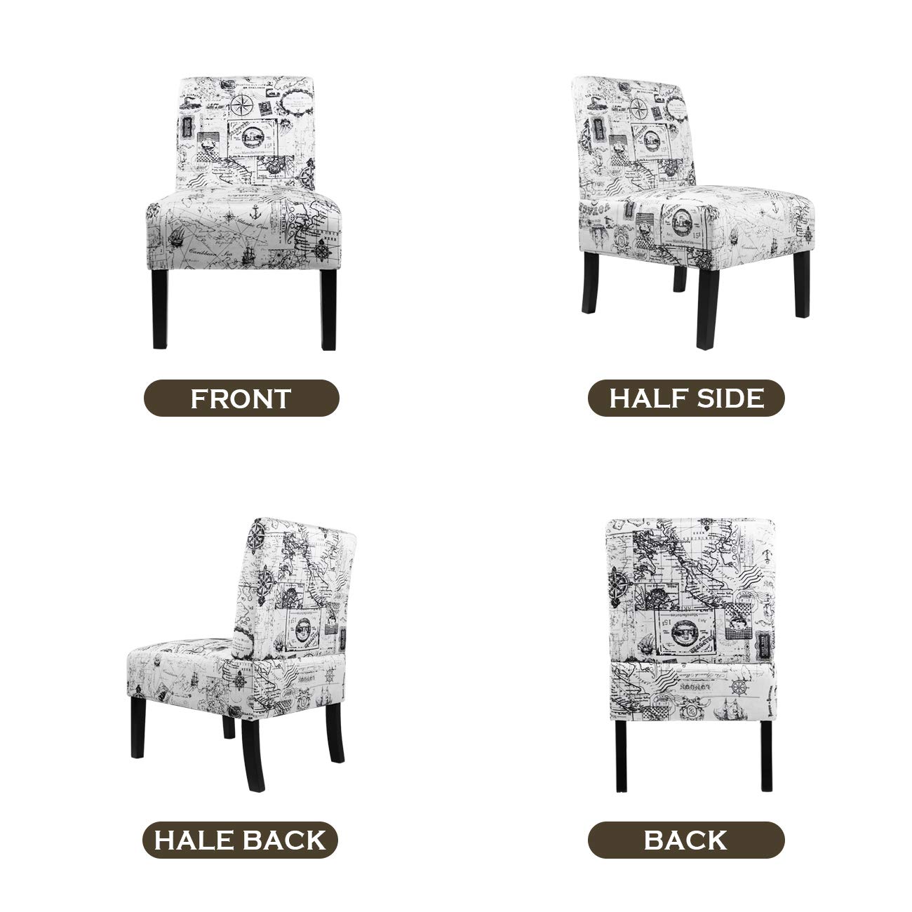 STHOUYN Modern Fabric Print Armless Accent Chair Decorative Corner Side Slipper Vanity Chair for Bedroom Desk, Living Room Furniture Map Design White