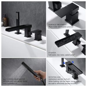 TapLong Waterfall Tub Filler Faucet with HandHeld Shower Widespread Roman Tub Faucet Set, Deck Mount 3-Holes Single-Handle Faucet in Matte Black, 03111B