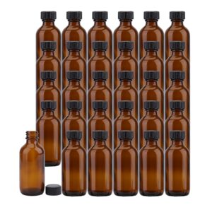 bekith 30 pack 2 oz boston round glass bottle with black caps, amber