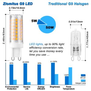 Ziomitus Dimmable G9 Led Bulbs 5W Replace 40W 50W 60W Halogen Bulbs,3000K Warm White,AC120V No Flicker Dimmable G9 T4 Led Corn Bulbs for Pendant Ceiling Chandelier Wall Lighting,600 lm,5Pack