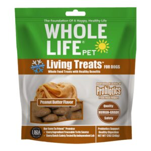 whole life pet living treats for dogs – human grade dog probiotics for digestive & gut health, gas, diarrhea, vomit & constipation relief, dog health supplies - peanut butter, 12 ounce (pack of 1)