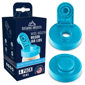 mason jar lids wide mouth plastic 4 pack-usa made-flip cap screw top pour spout drink hole - leak-proof for kerr and ball canning jars - airtight for drinks to go and controlled pouring - teal