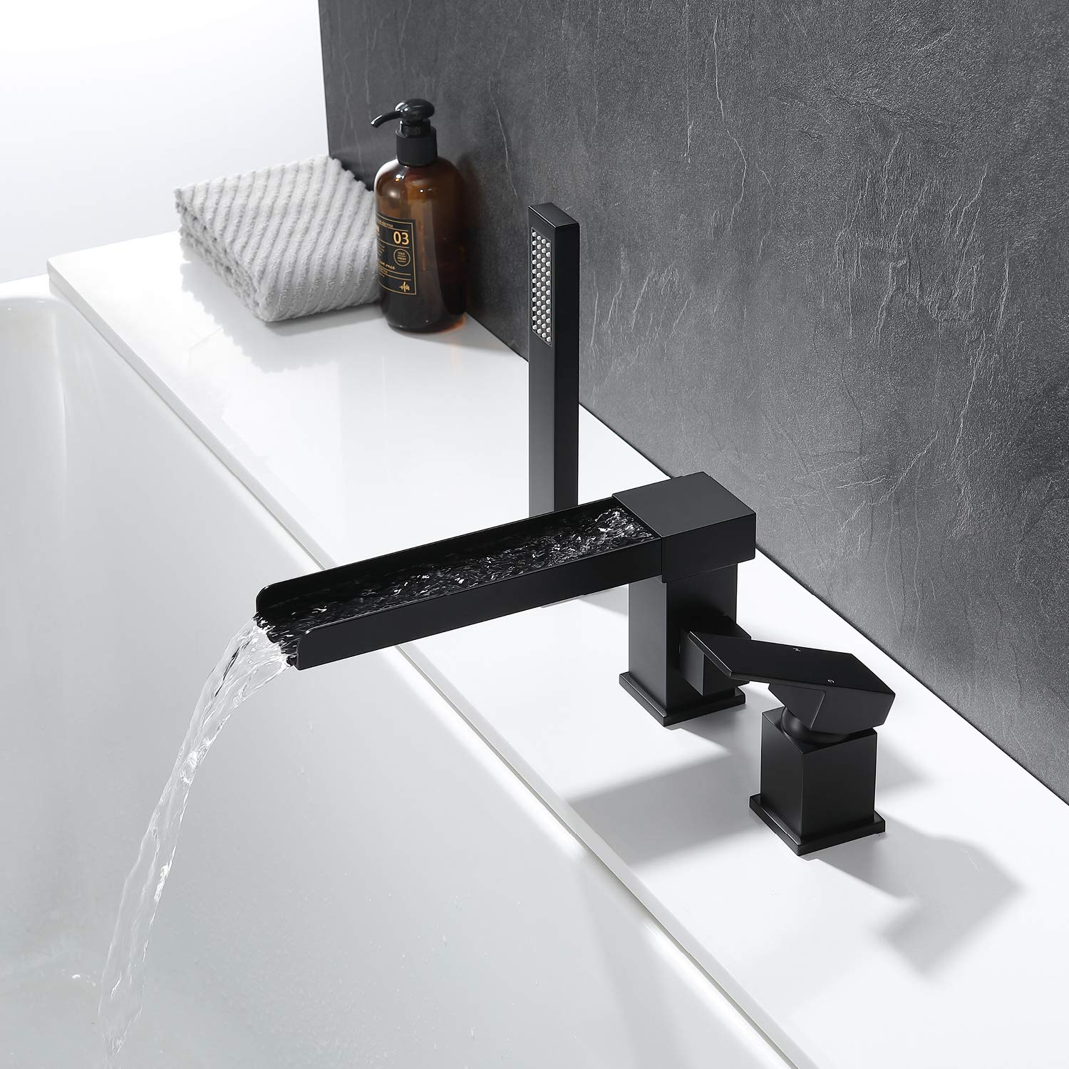 TapLong Waterfall Tub Filler Faucet with HandHeld Shower Widespread Roman Tub Faucet Set, Deck Mount 3-Holes Single-Handle Faucet in Matte Black, 03111B