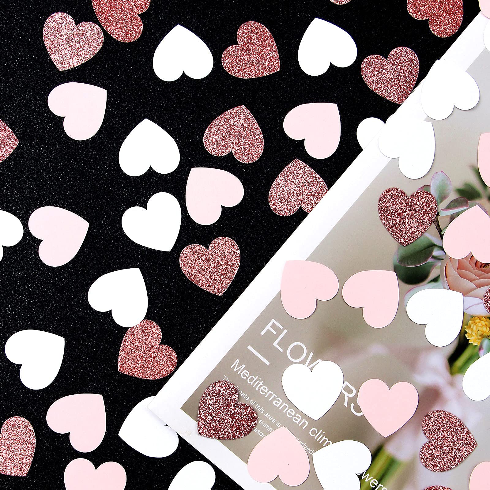 Rose-Gold Pink White Heart Confetti - 200pcs Engagement Wedding Baby Shower Bachelorette Mothers Day Valentines Birthday Party Table Decoration Glitter Paper Decor Lasting Surprise