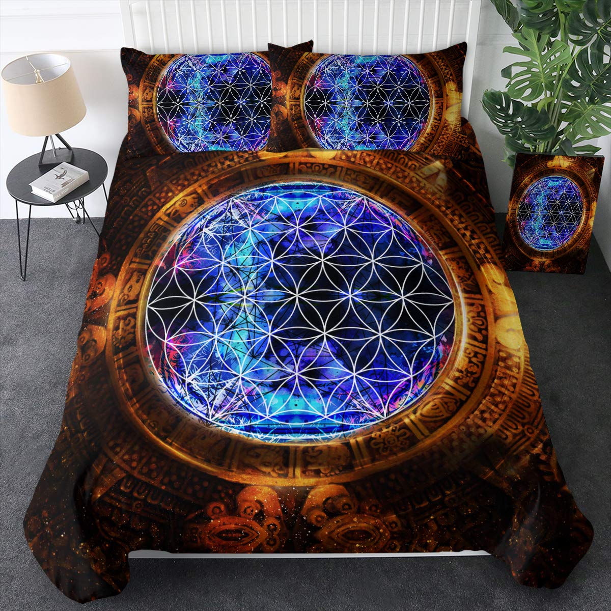 Sleepwish Sacred Geometry Bedding Flower of Life Bed Set Duvet Cover Ancient Mayan Calendar 3D Design Abstract Comforter Cover (3 Piece, King)