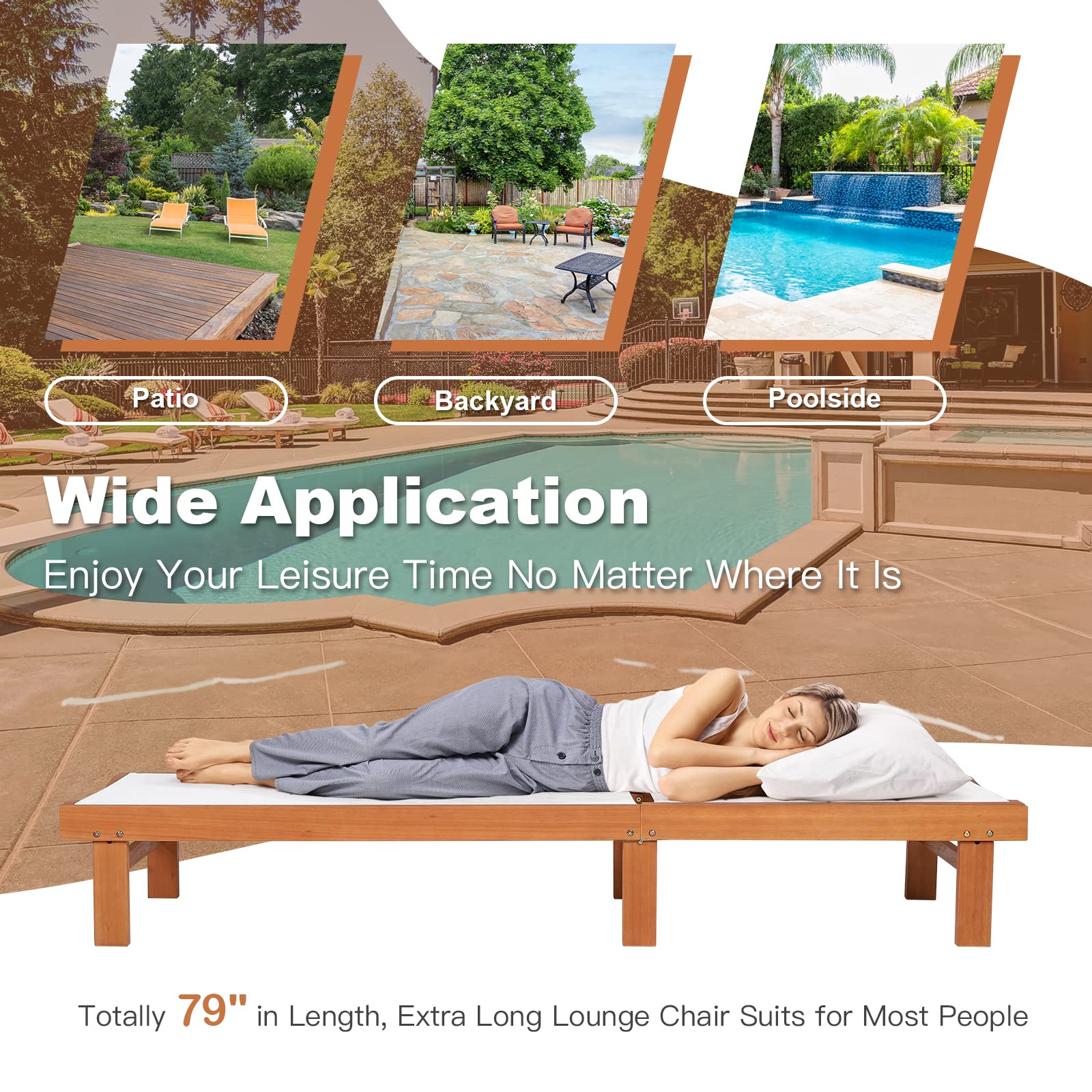 Tangkula Outdoor Wood Chaise Lounge Chair, Patio Chaise Lounger with 5-Postion Adjustable Back, Eucalyptus Wood Reclining Lounge Chair with Breathable Fabric for Poolside Lawn Backyard (2, White)