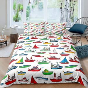 boat print bedding duvet cover set boys kids child nursery,nautical theme comforter cover colorful red ferry sailboat cartoon pattern bedspread quilt cover,decor 2 pcs twin size