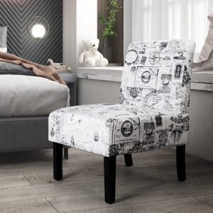 STHOUYN Modern Fabric Print Armless Accent Chair Decorative Corner Side Slipper Vanity Chair for Bedroom Desk, Living Room Furniture Map Design White