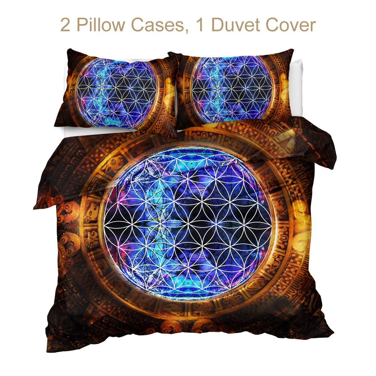 Sleepwish Sacred Geometry Bedding Flower of Life Bed Set Duvet Cover Ancient Mayan Calendar 3D Design Abstract Comforter Cover (3 Piece, King)