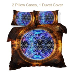 Sleepwish Neon Mandala Bedding Queen Set Boho Hippie Duvet Cover Ancient Mayan Calendar 3D Print Abstract Comforter Cover (3 Piece, Orange and Blue)