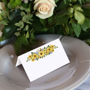 321Done Sunflower Place Cards, Made in USA - Blank Small 3.5x2 for Name Food Table Setting Dinner Party Seating Wedding Reception Buffet Tent Style Rustic Floral on White - Set of 24