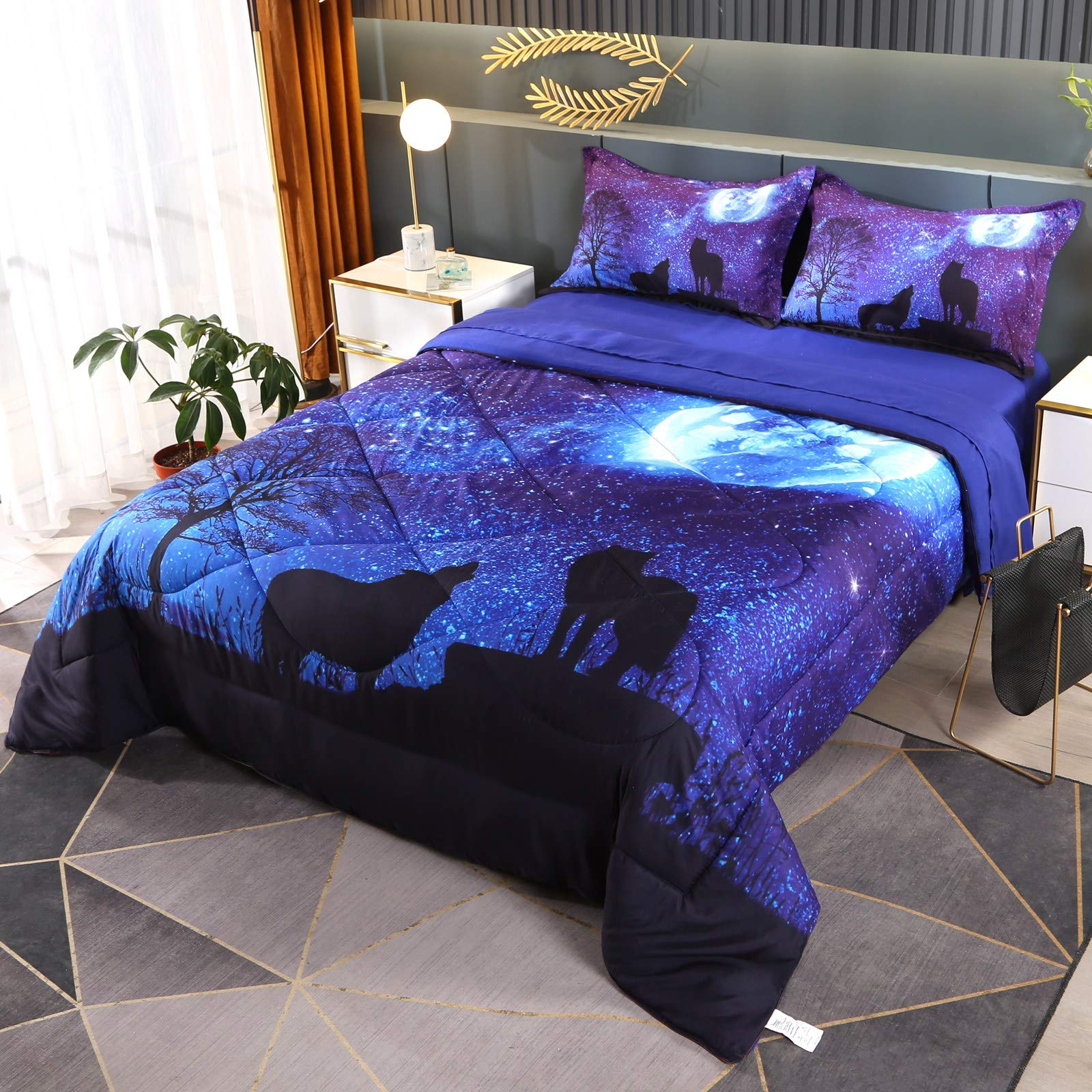 Wowelife Wolf Comforter Set Queen Galaxy Wolf Bed Set 5 Piece Blue Kids Comforter Set with Sheets Bedding Set Bed in a Bag for Adults with Comforter, Flat Sheet, Fitted Sheet and 2 Pillowcases