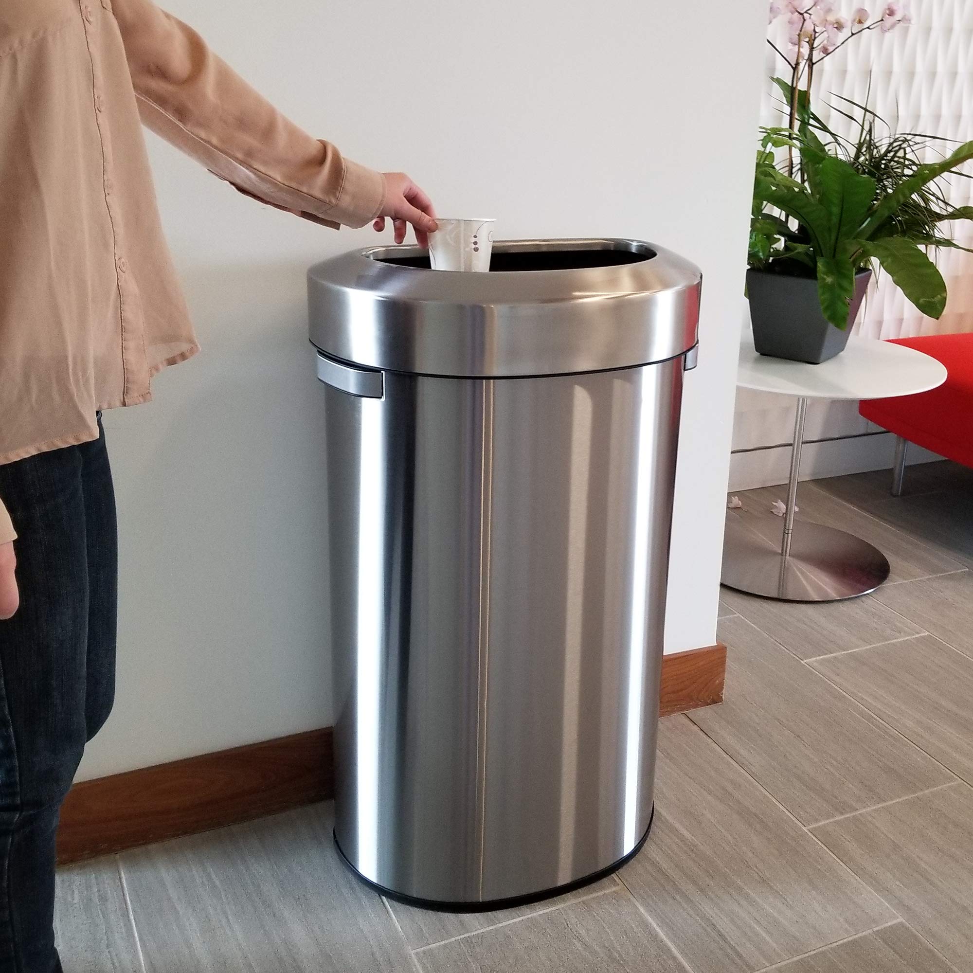 iTouchless Stainless Steel Trash Can and Recycle Bin, Slim and Space-Saving Design for Home, Office, Kitchen, Restaurant, Restroom, Large Capacity, 23 Gallon / 87 Liter, Open Top, Semi Round 23 Gal