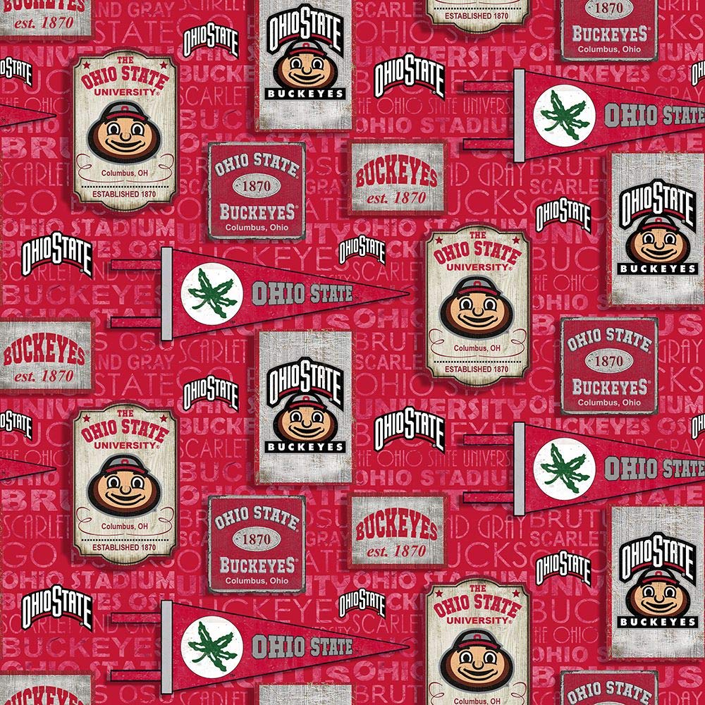 SYKEL ENTERPRISES Ohio State University OSU Buckeyes Cotton Fabric with Vintage Pennant Design-Sold by The Full Yard