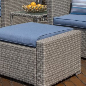 COSIEST 5-Piece Outdoor Furniture Lounge Set Warm Gray Wicker Sectional Sofa w Thick Cushions, Glass-Top Table, 2 Ottomans, 2 Pillows for Garden, Pool, Backyard (Blue)