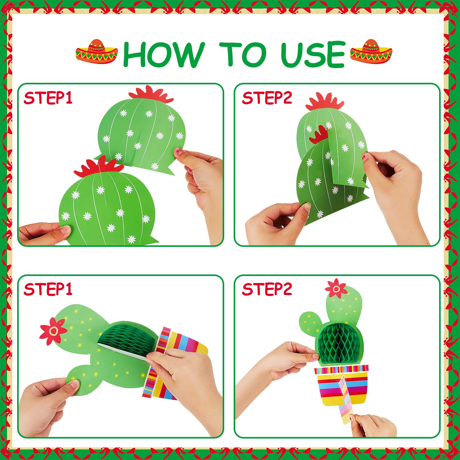 6 Pieces Cactus Party Decorations Kit Includes 4 Pieces Cactus Honeycomb Table Centerpieces and 2 Pieces Cactus Paper Cutouts for Fiesta Cinco De Mayo Mexican Theme Party Birthday Baby Shower