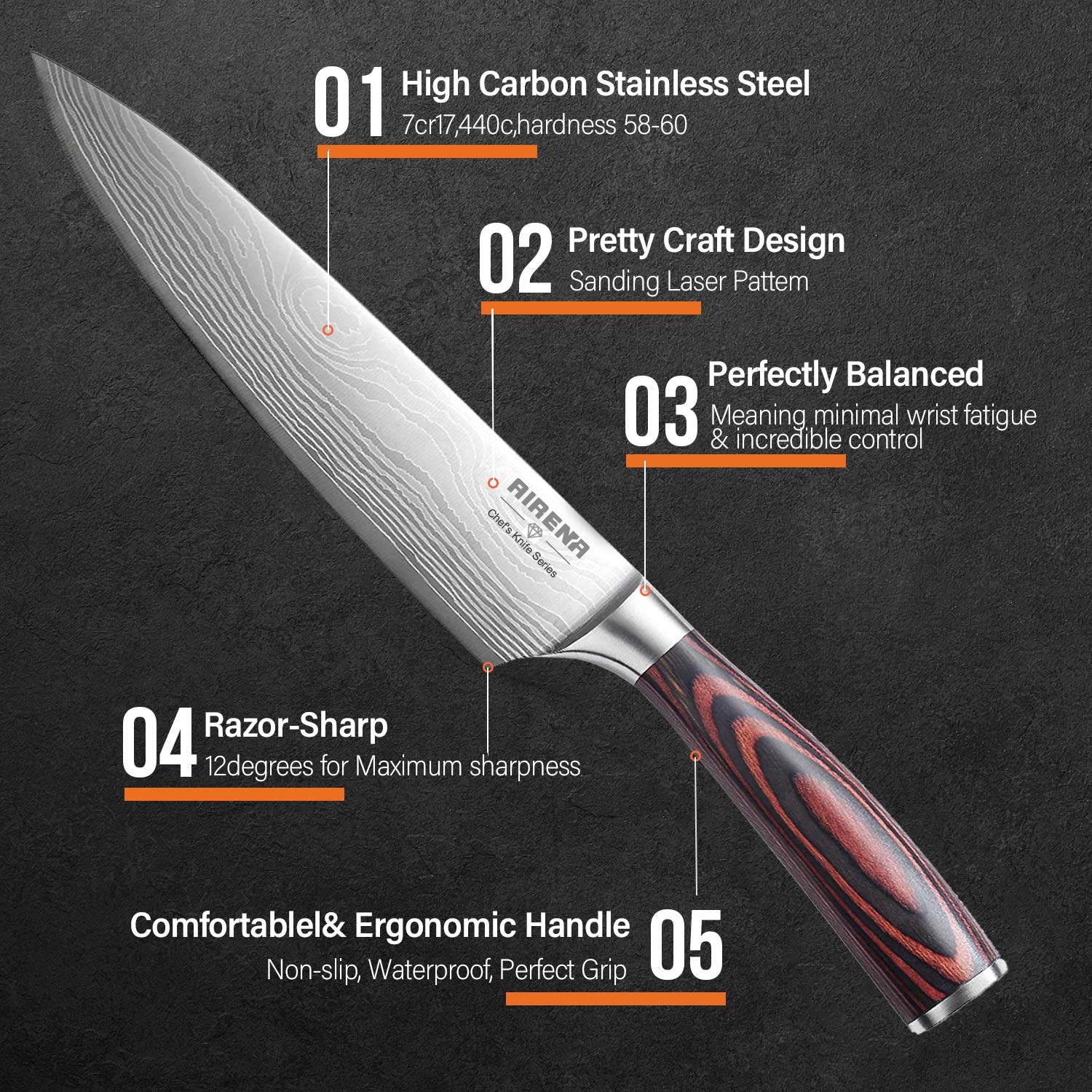 AIRENA Chef Knife - Pro Kitchen Knife 8 Inch Chefs Knife High Carbon German Stainless Steel Sharp paring Knife with Ergonomic Handle