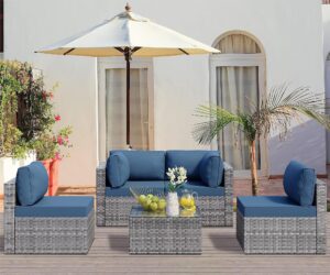 walsunny patio furniture set, 5 pieces outdoor sectional sofa wicker conversation sets with tea table and patio couch cushions(aegean blue)